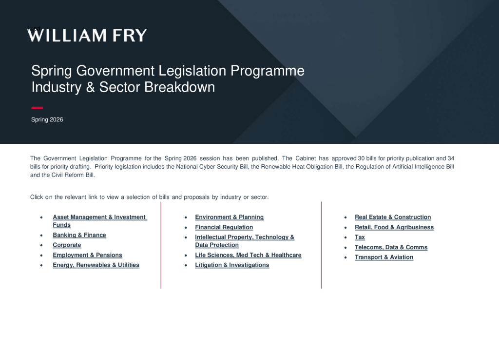 Spring 2026 Government Legislation Programme: Industry & Sector Breakdown - WILLIAM FRY